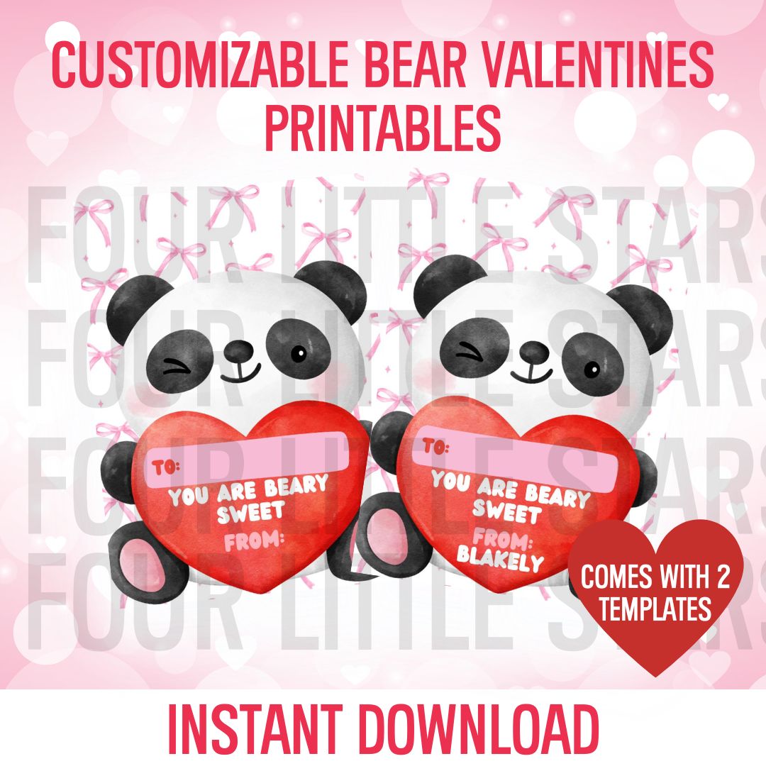 Bear Valentine Cards – Printable – Four Little Stars